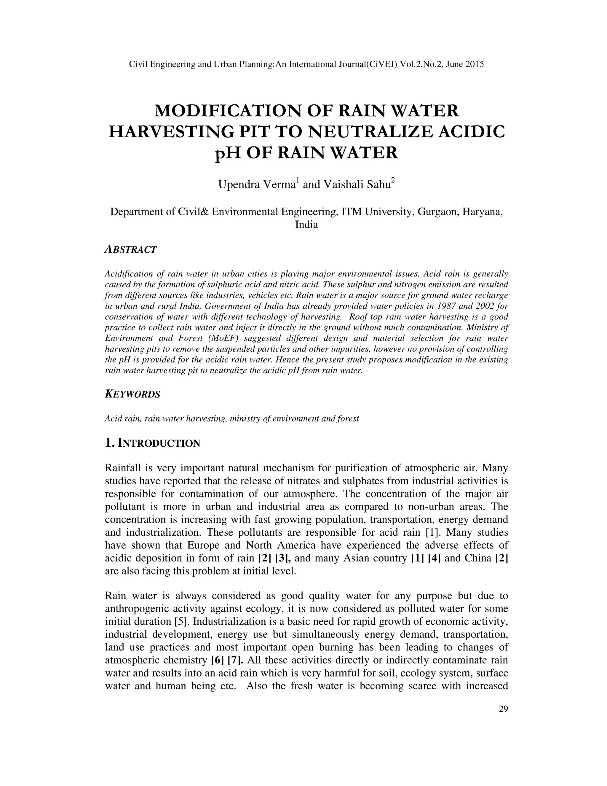 MODIFICATION OF RAIN WATER HARVESTING PIT TO NEUTRALIZE ACIDIC pH OF ...
