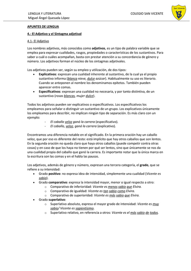 Apuntes de Sintaxis: 4.- Adjetivo y SAdj | PDF