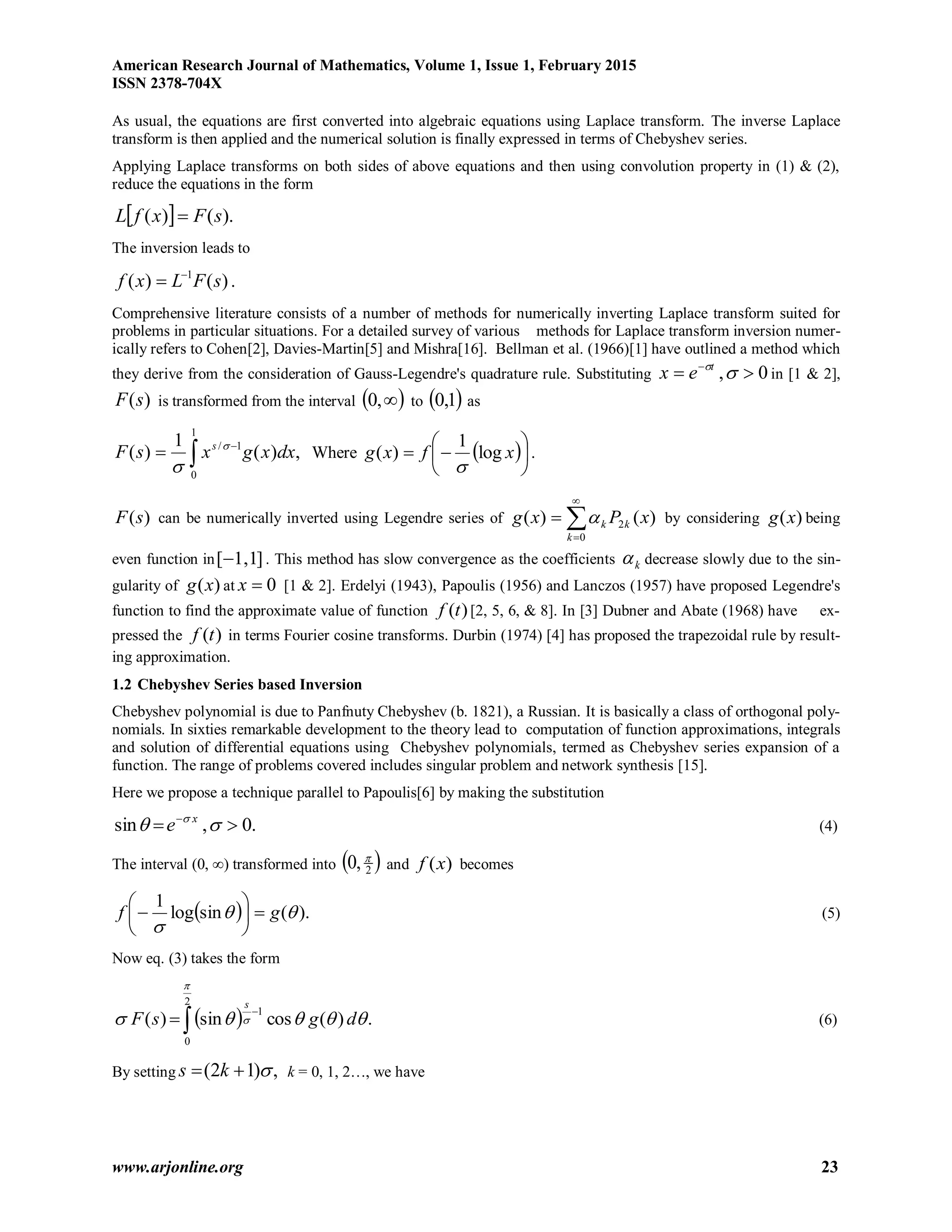 Chebyshev Polynomial Based Numerical Inverse Laplace Transform Solutions of Linear Volterra ...