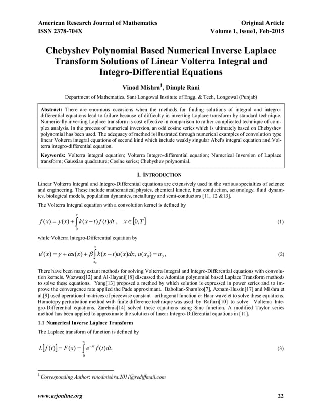 hebyshev Polynomial Based Numerical Inverse Laplace Transform Solutions of Linear Volterra ...