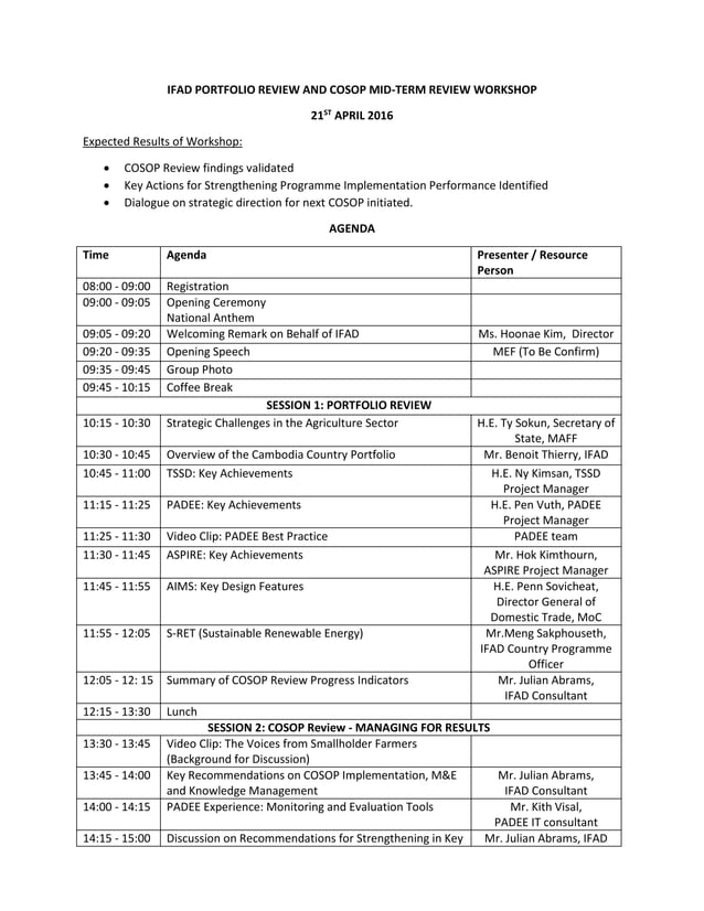 4. COSOP workshop agenda 2016 | PDF | Agriculture | Industries