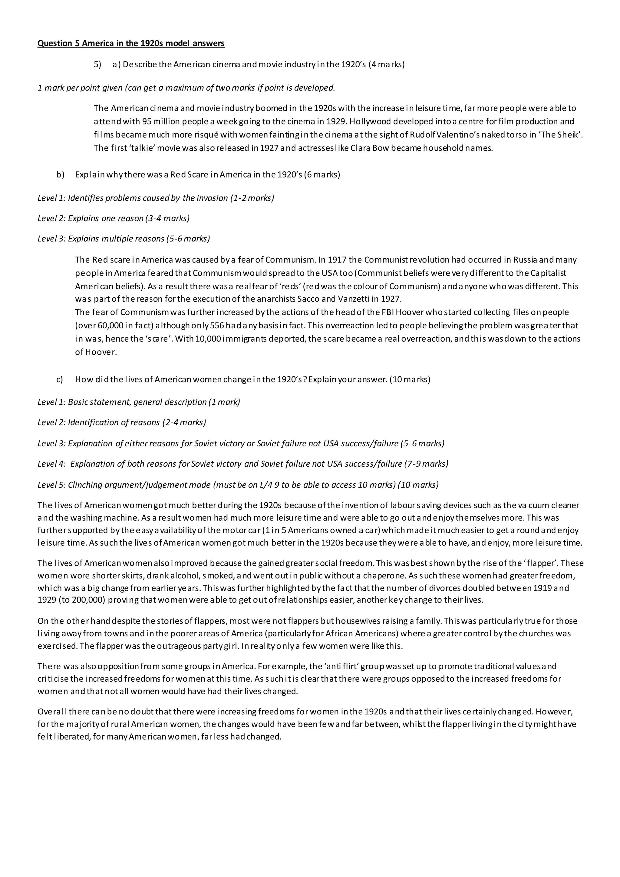 Question 5 America in the 1920s model answers | DOCX