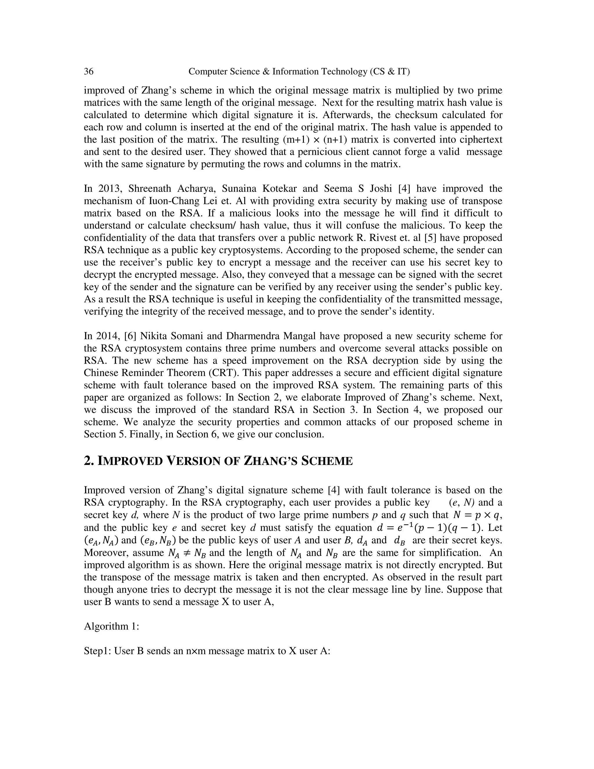 A SECURE DIGITAL SIGNATURE SCHEME WITH FAULT TOLERANCE BASED ON THE IMPROVED RSA SYSTEM | PDF