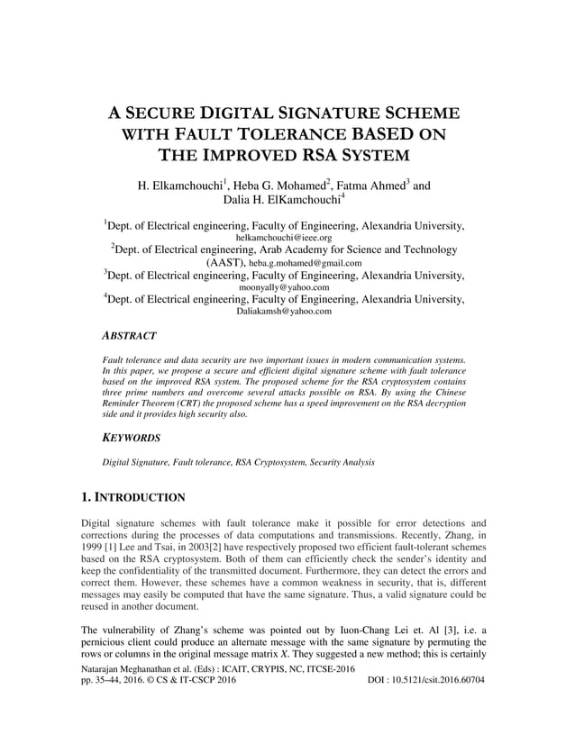 A SECURE DIGITAL SIGNATURE SCHEME WITH FAULT TOLERANCE BASED ON THE IMPROVED RSA SYSTEM | PDF