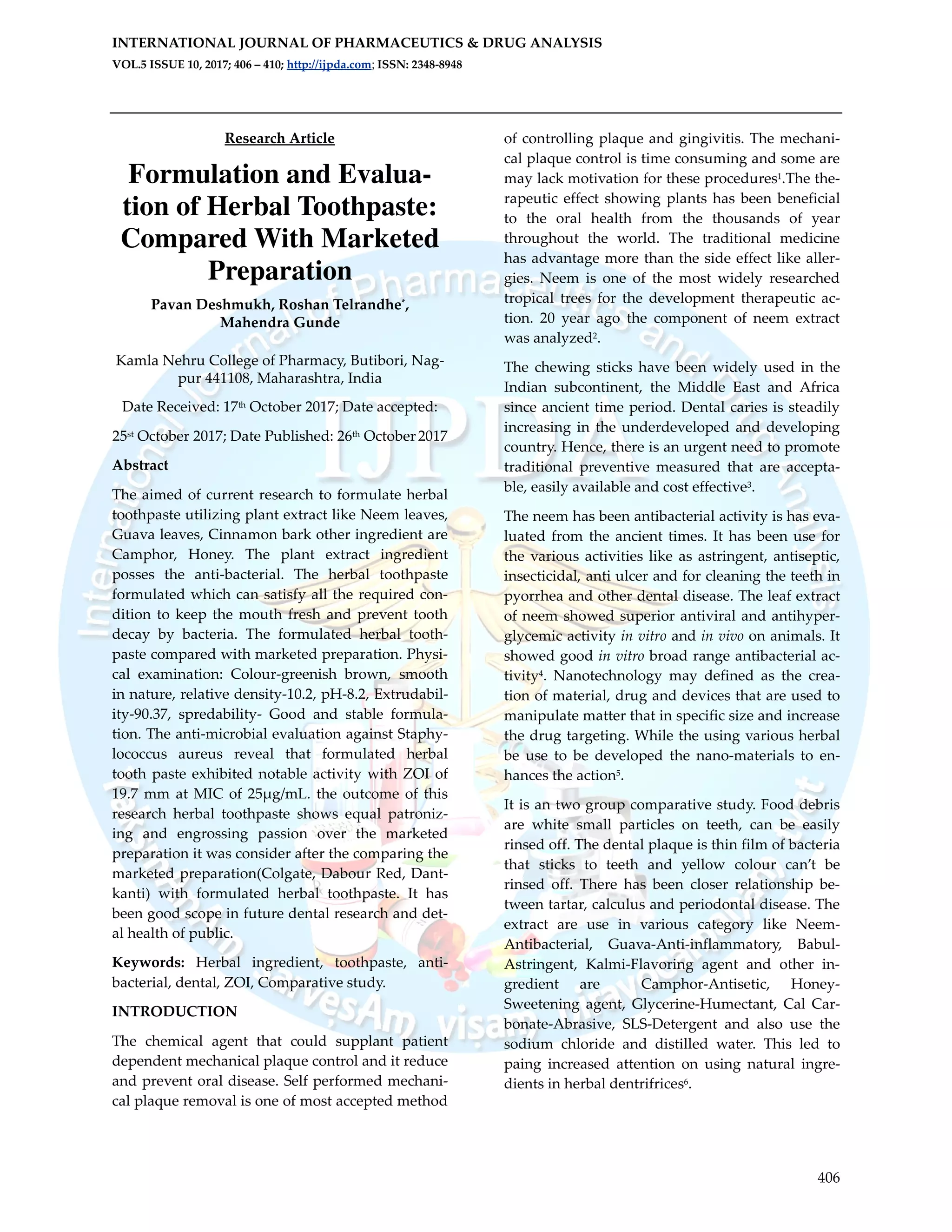 Formulation and evaluation of herbal toothpaste compared with marketed ...
