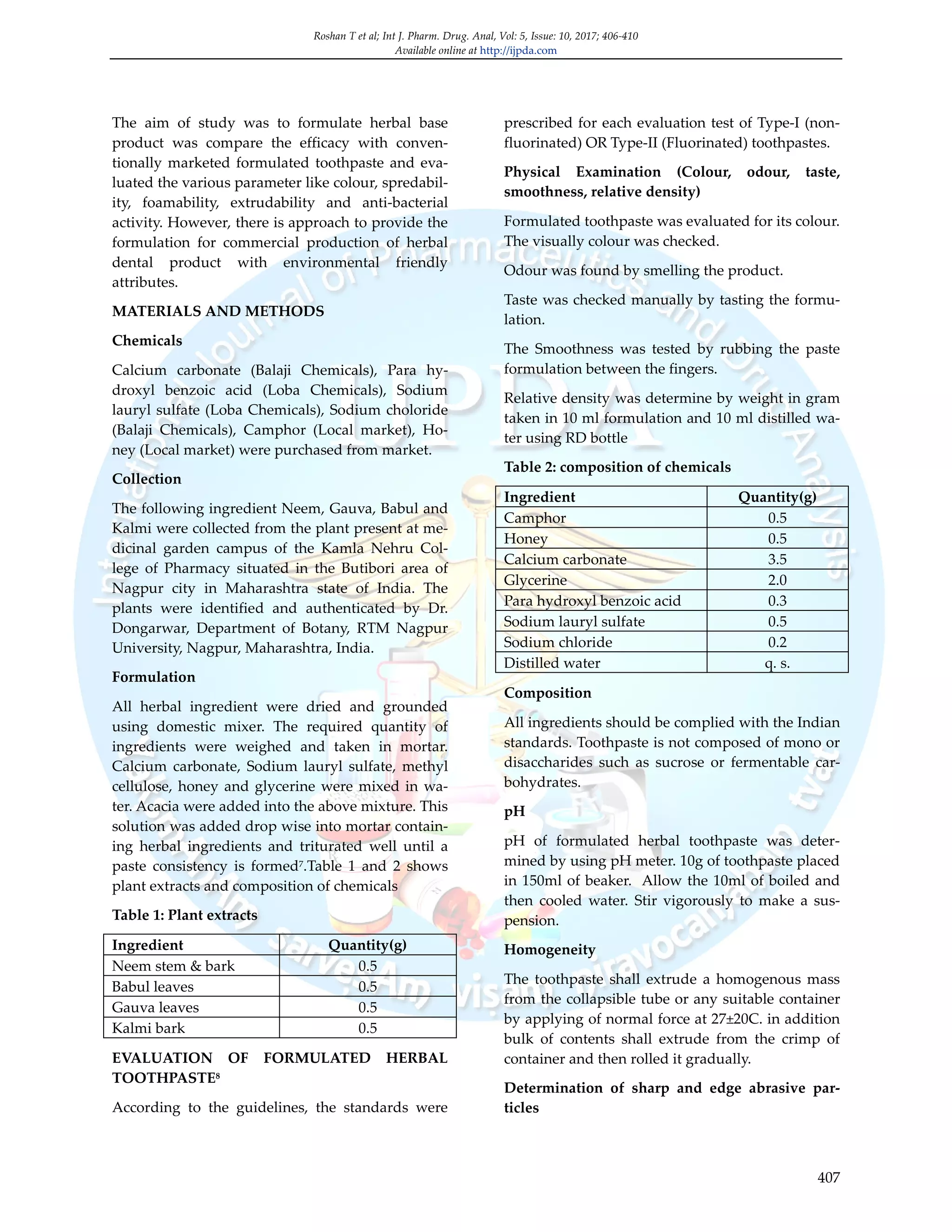 Formulation and evaluation of herbal toothpaste compared with marketed ...