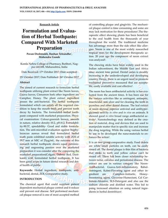 Formulation and evaluation of herbal toothpaste compared with marketed ...