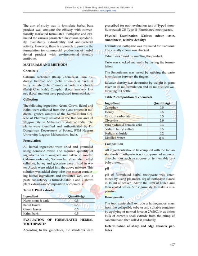 Formulation and evaluation of herbal toothpaste compared with marketed ...