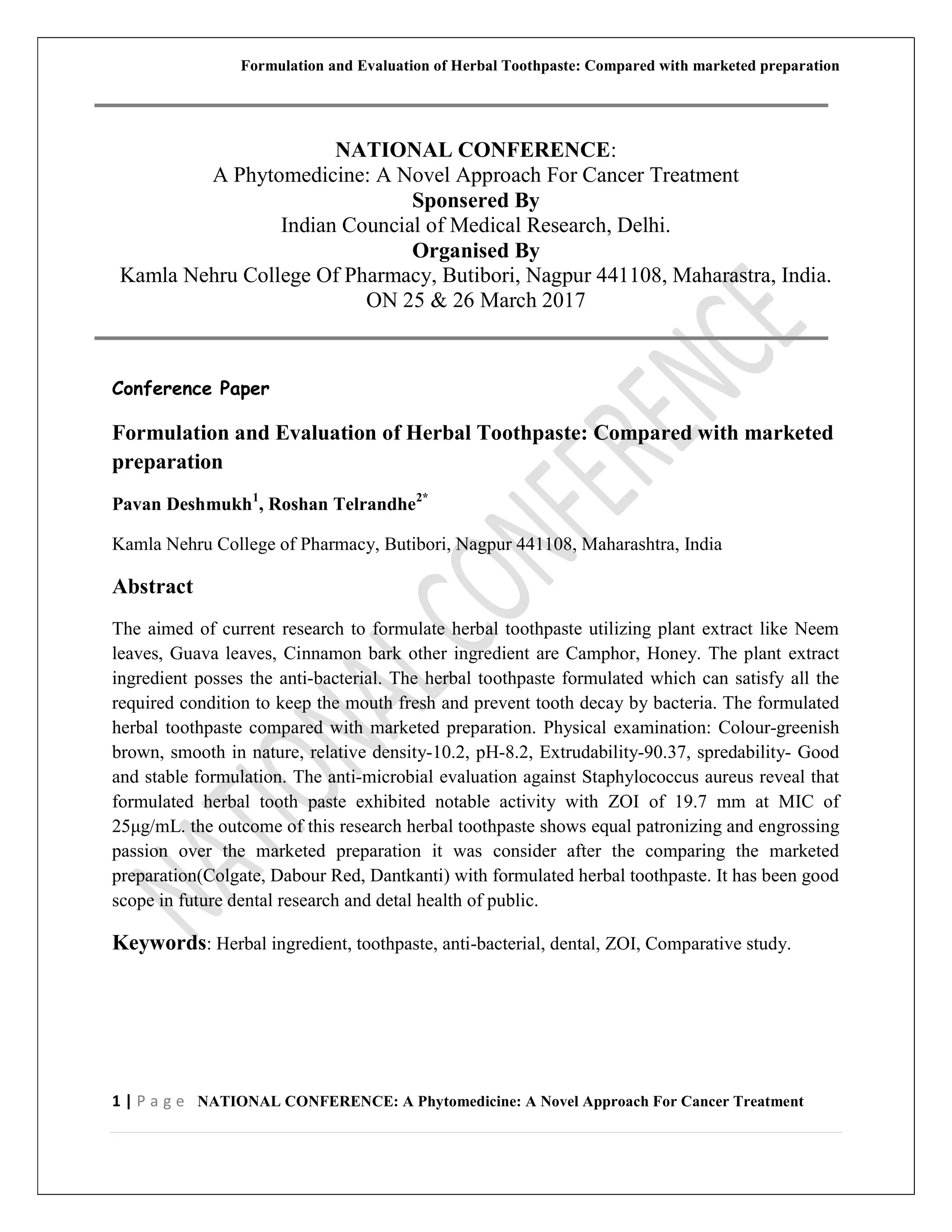 Formulation and Evaluation of Herbal Toothpaste: Compared with marketed ...