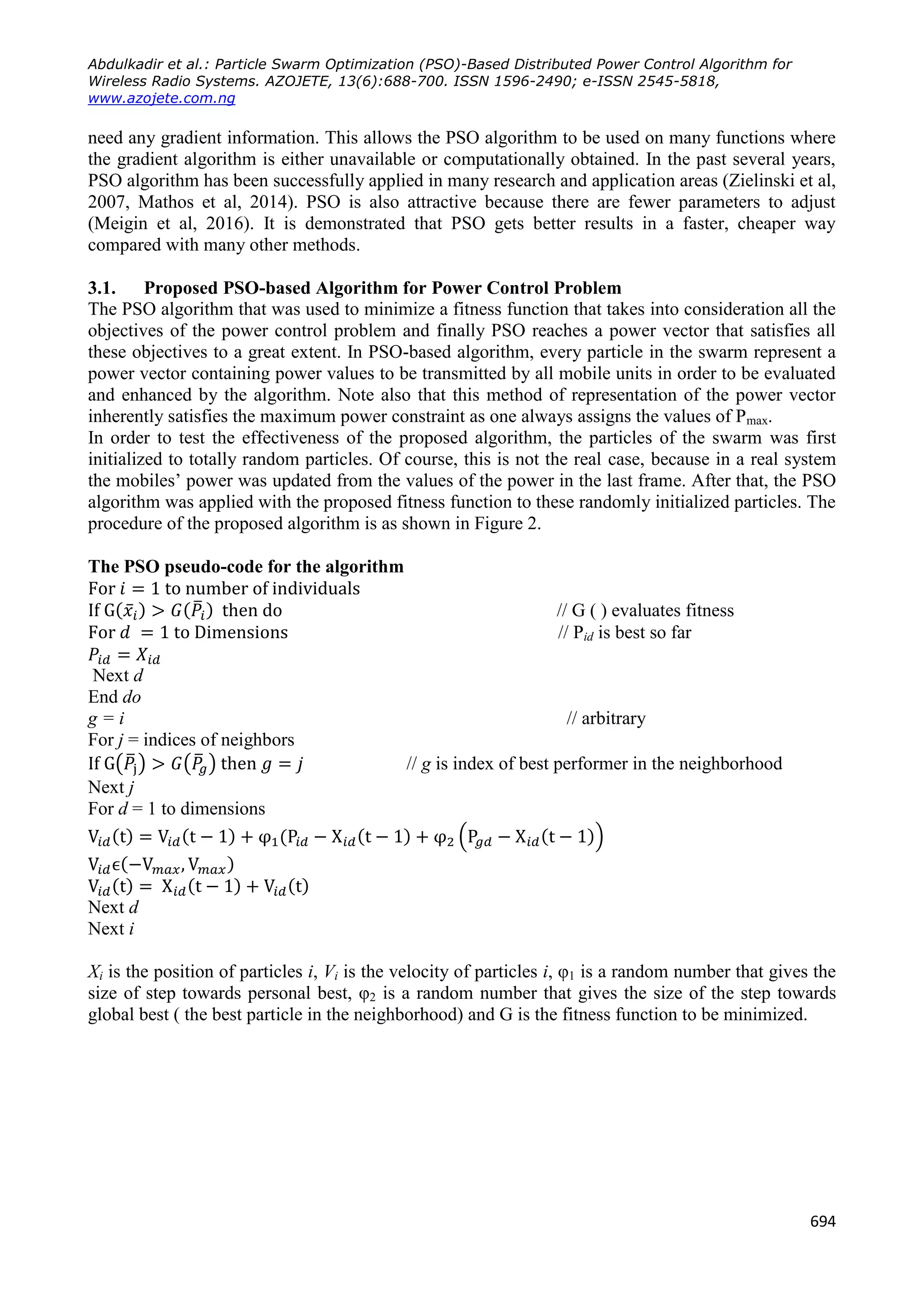 Particle Swarm Optimization Pso Based Distributed Power Control Algorithm For Wireless Radio