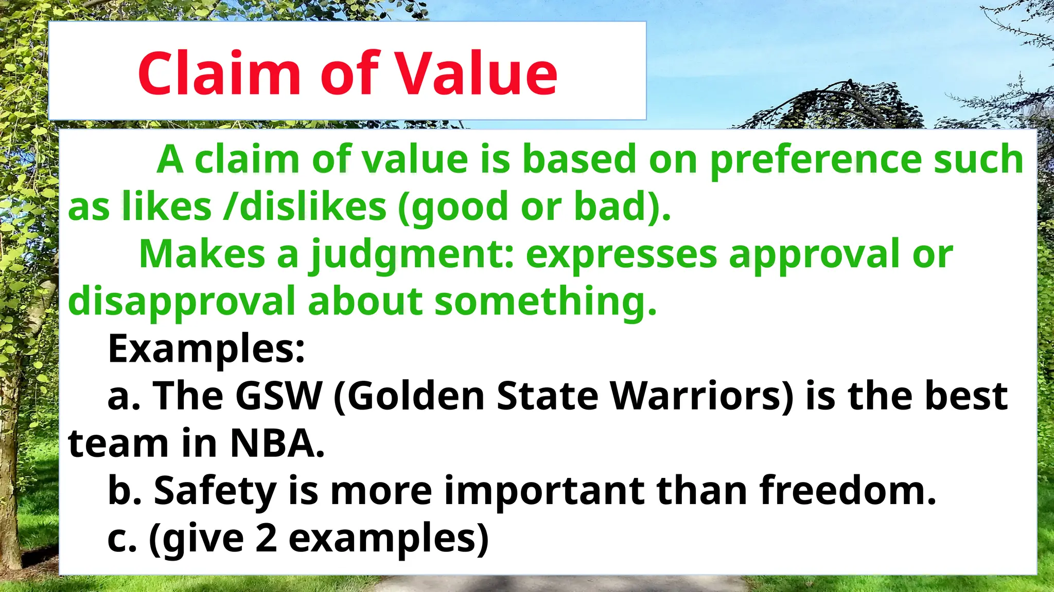 Three Forms of Claims: Claim of Fact, Value, Policy | PPTX