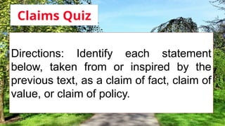 Three Forms of Claims: Claim of Fact, Value, Policy | PPTX