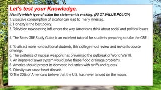 Claims of Fact, Value and Policy | PPTX