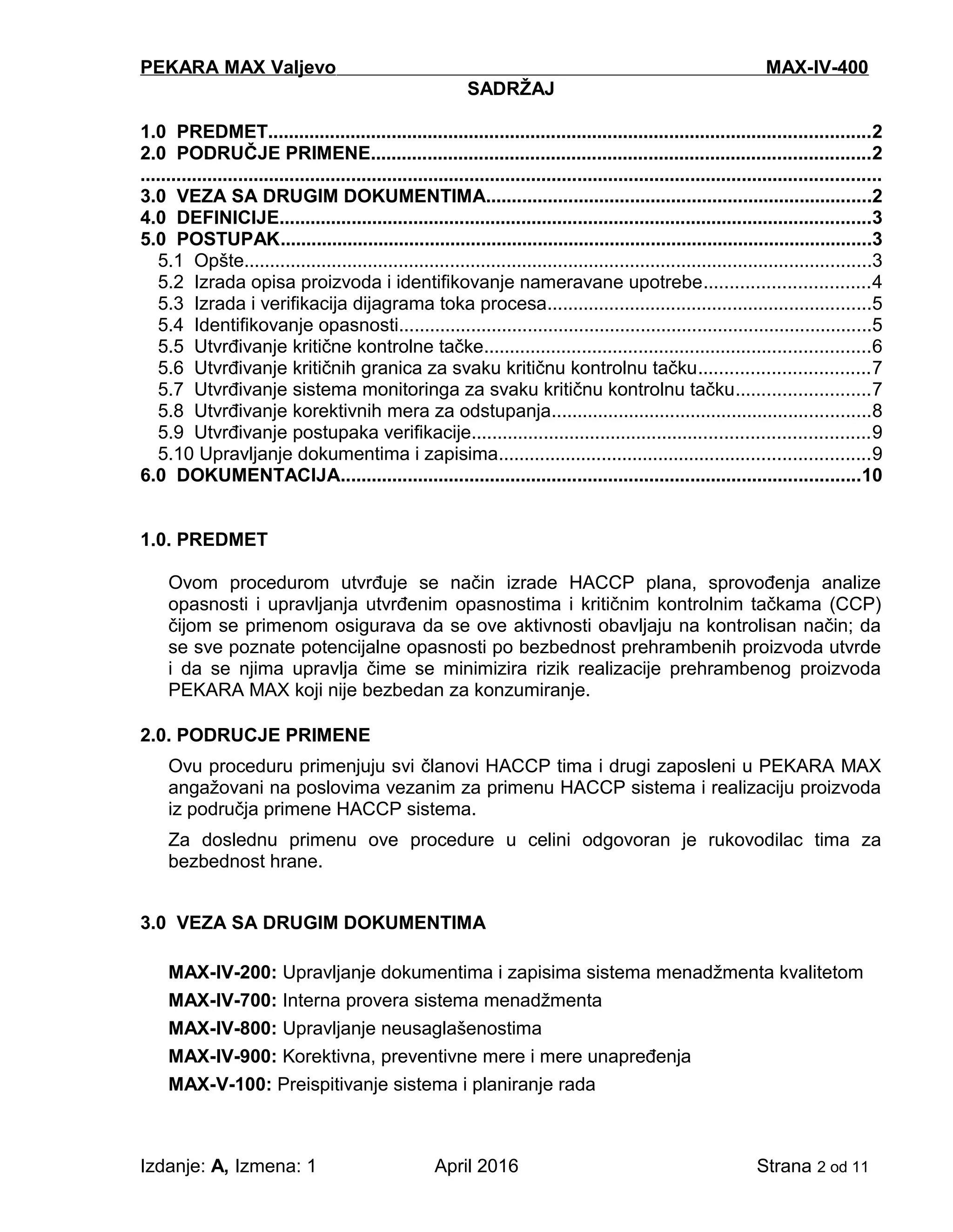Haccp procedura primer pekare | DOC