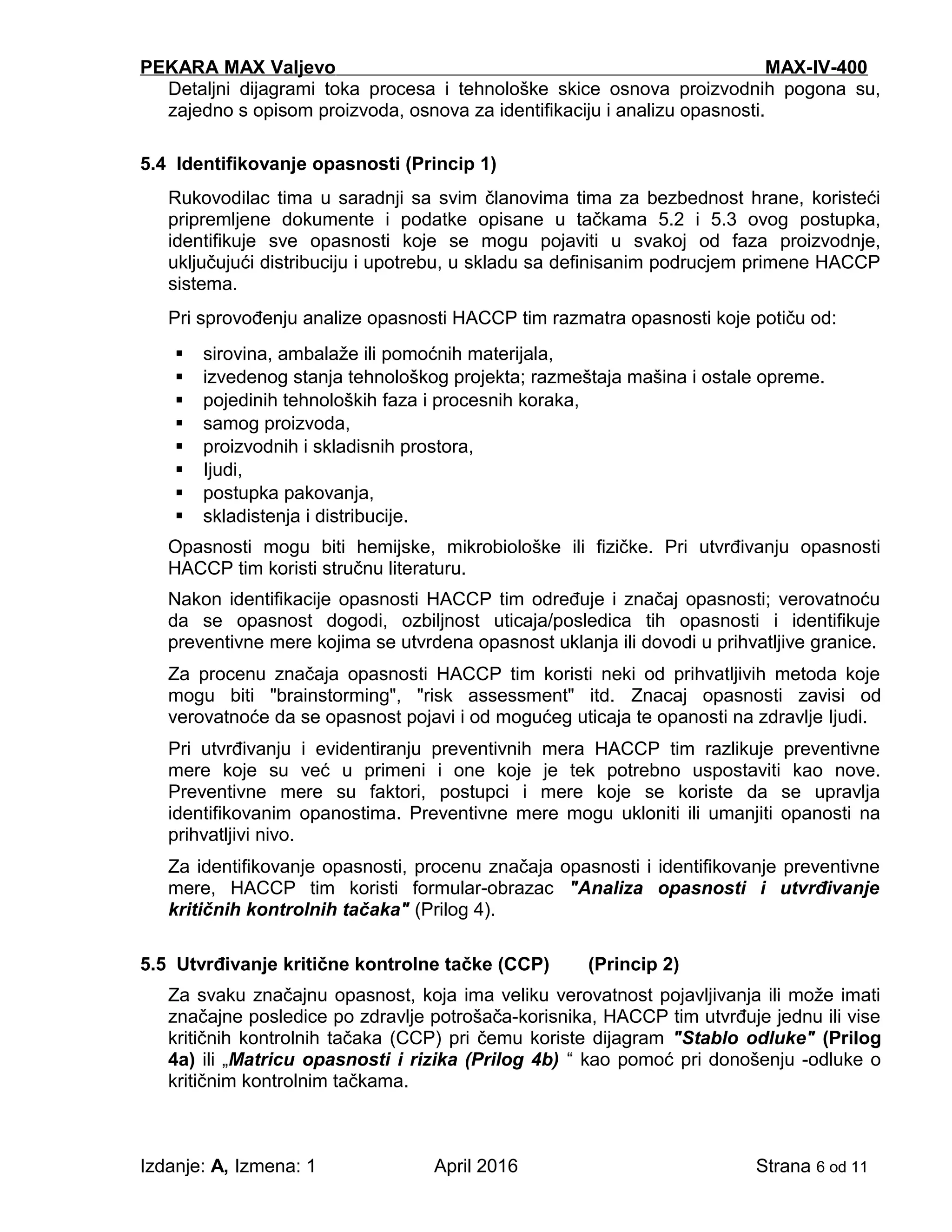Haccp procedura primer pekare | DOC