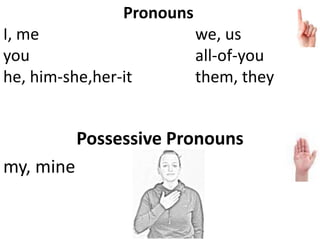 Pronouns in ASL --singular & plural; regular & possessive | PPT