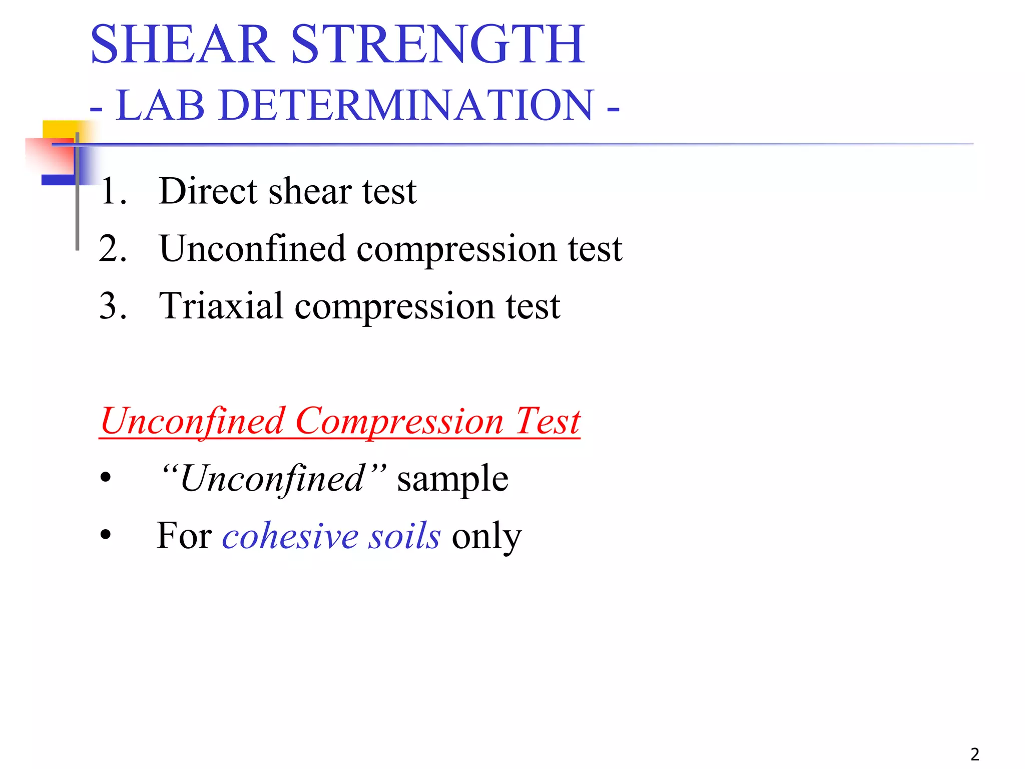 Geotechnical Engineering-II [Lec #4: Unconfined Compression Test] | PPSX