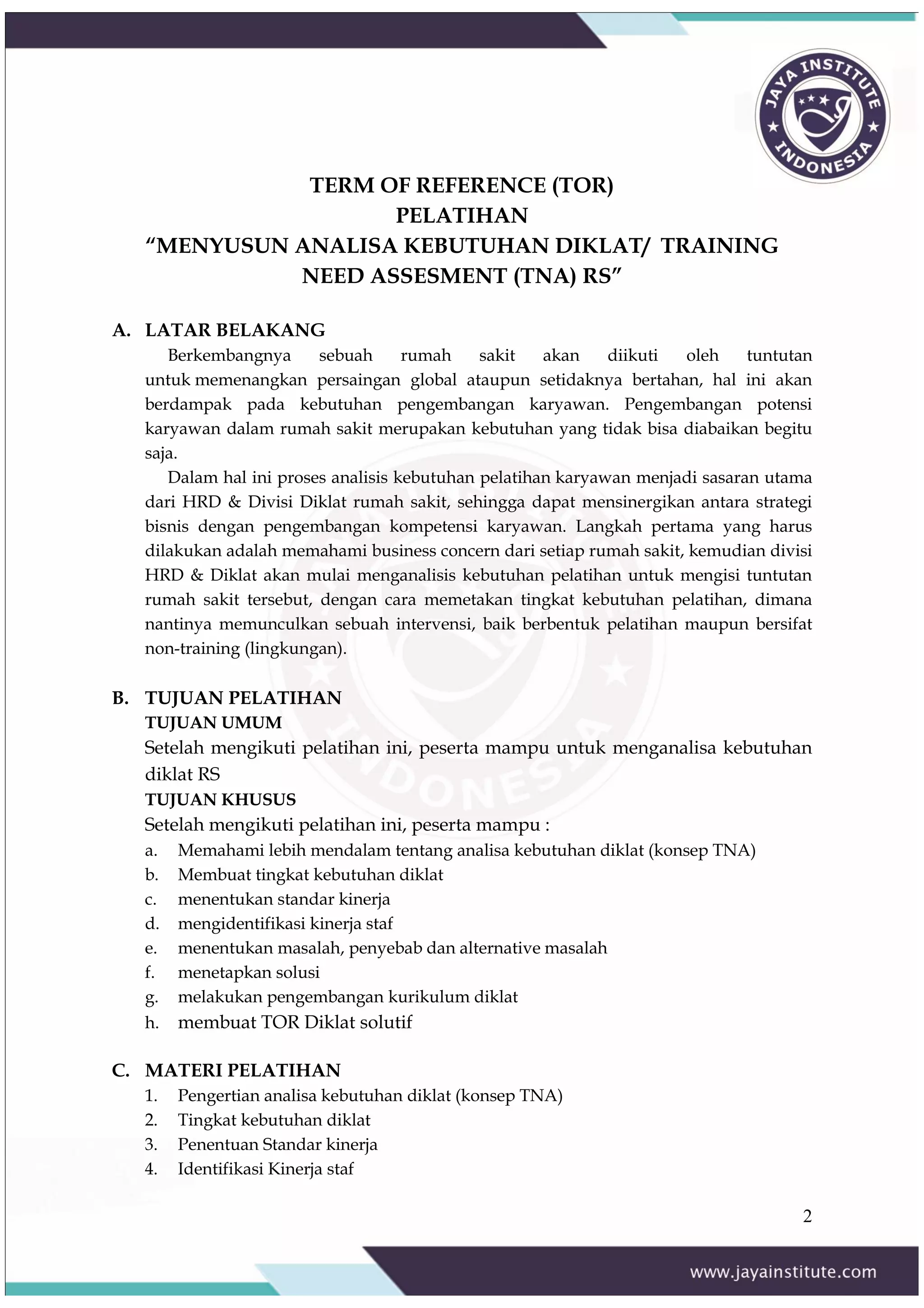 4. tor pelatihan tna | PDF