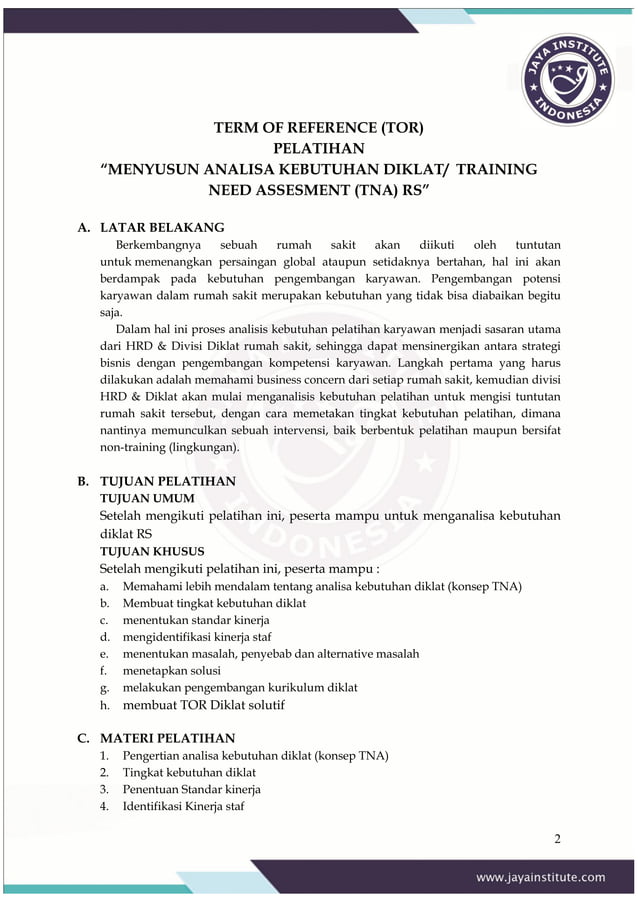 4. tor pelatihan tna | PDF