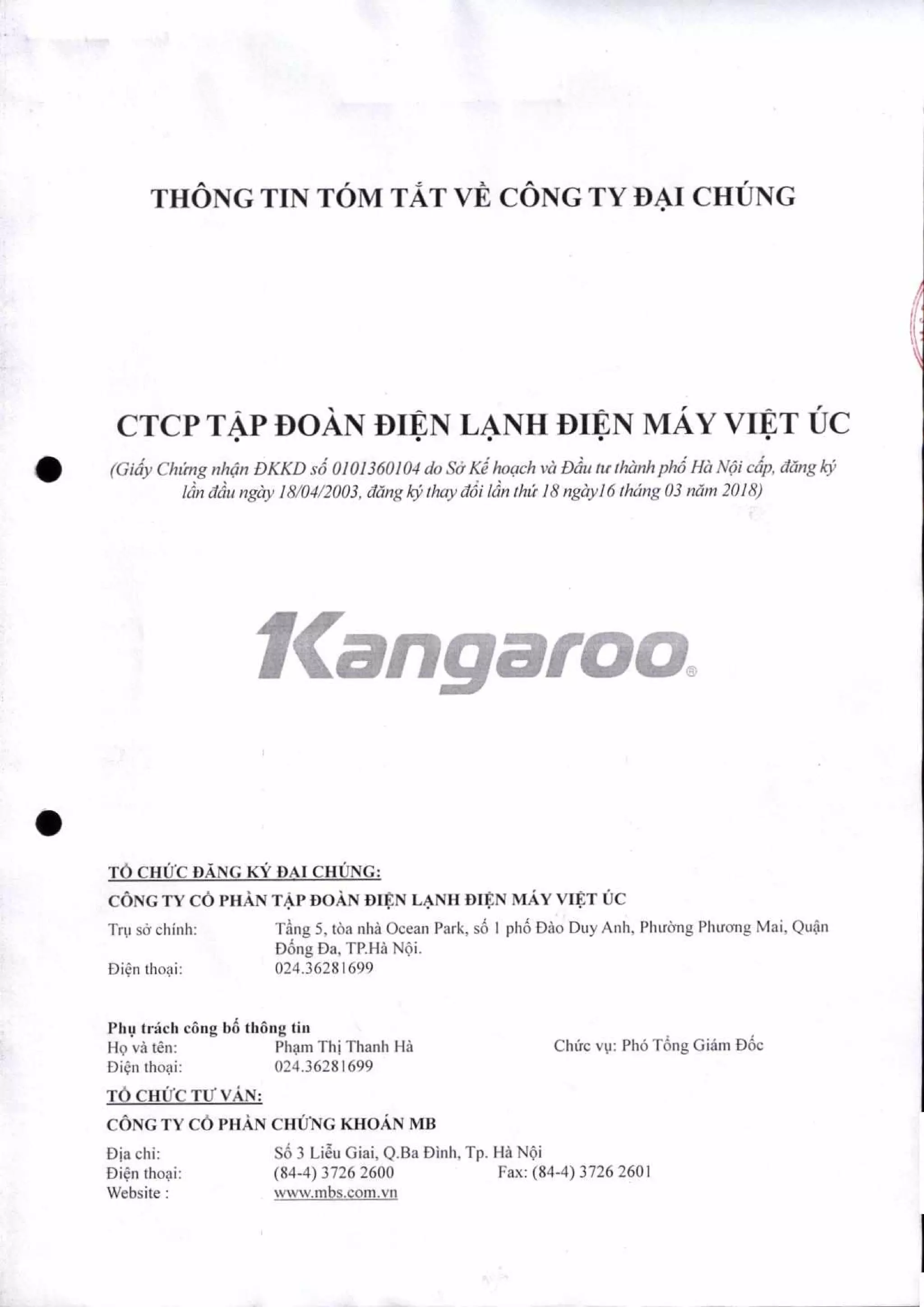 Thông tin tóm tắt về Cty đại chúng CTCP TĐ Điện lạnh Điện máy Việt Úc | PDF