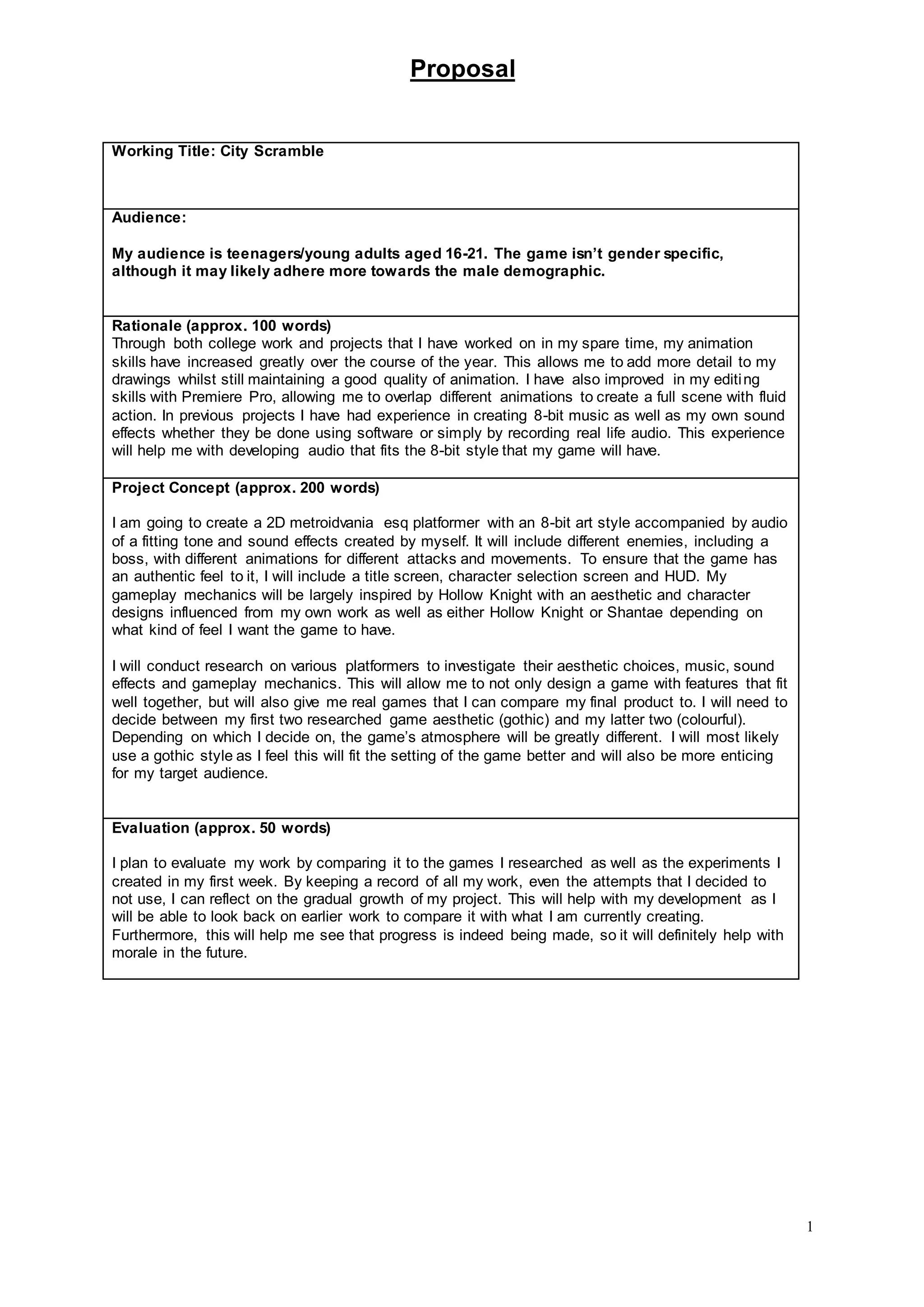 Video Game Proposal | DOCX