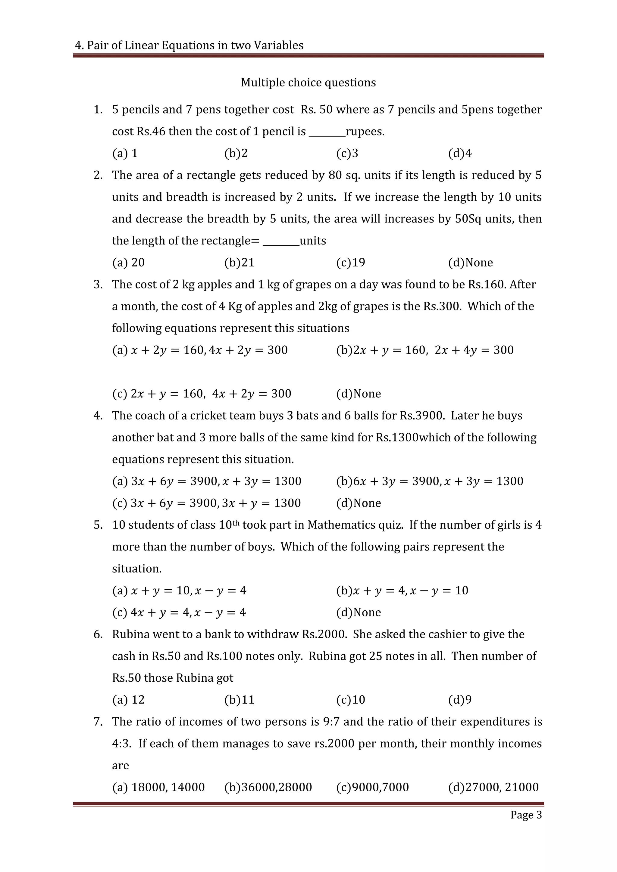 4.pair of linear equations in two variables | PDF