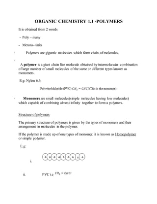 ORGANIC CHEMISTRY 1.1 -POLYMERS | PDF