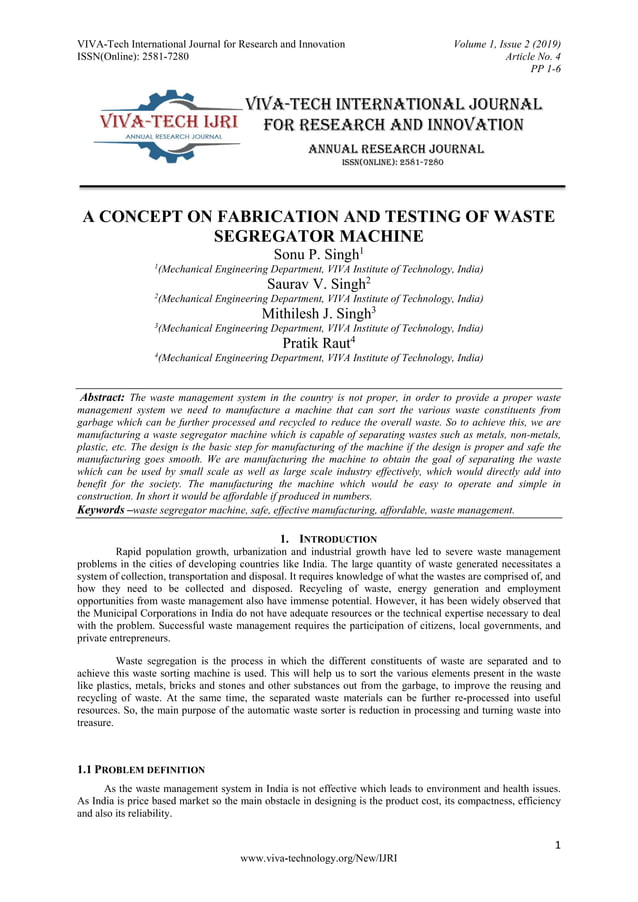 A CONCEPT ON FABRICATION AND TESTING OF WASTE SEGREGATOR MACHINE | PDF ...