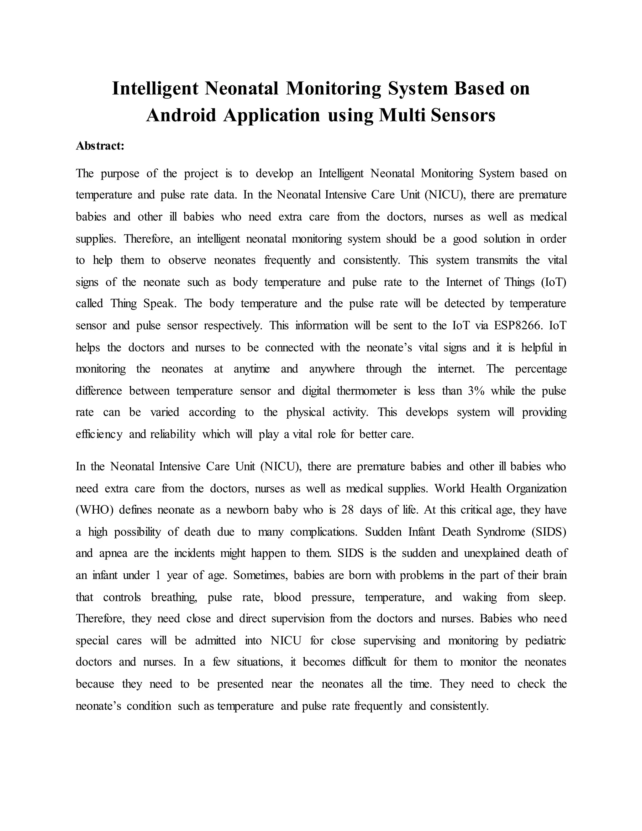 Intelligent neonatal monitoring system based on android application using multi sensors | PDF