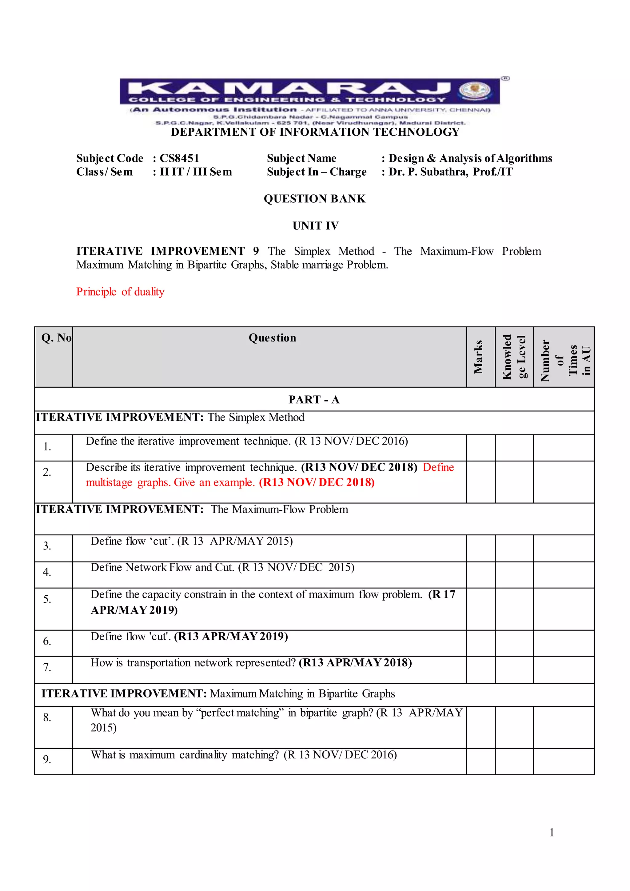 4. cs8451 daa anna univ question bank unit 4 | DOC