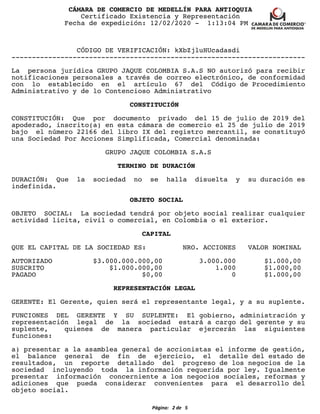 Grupo Jaque Colombia Company Certificate | PDF