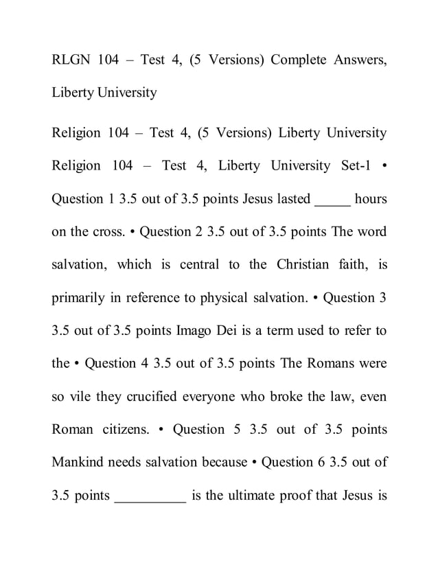 RLGN 104 – Test 4, (5 Versions) Complete Answers, Liberty University | PDF