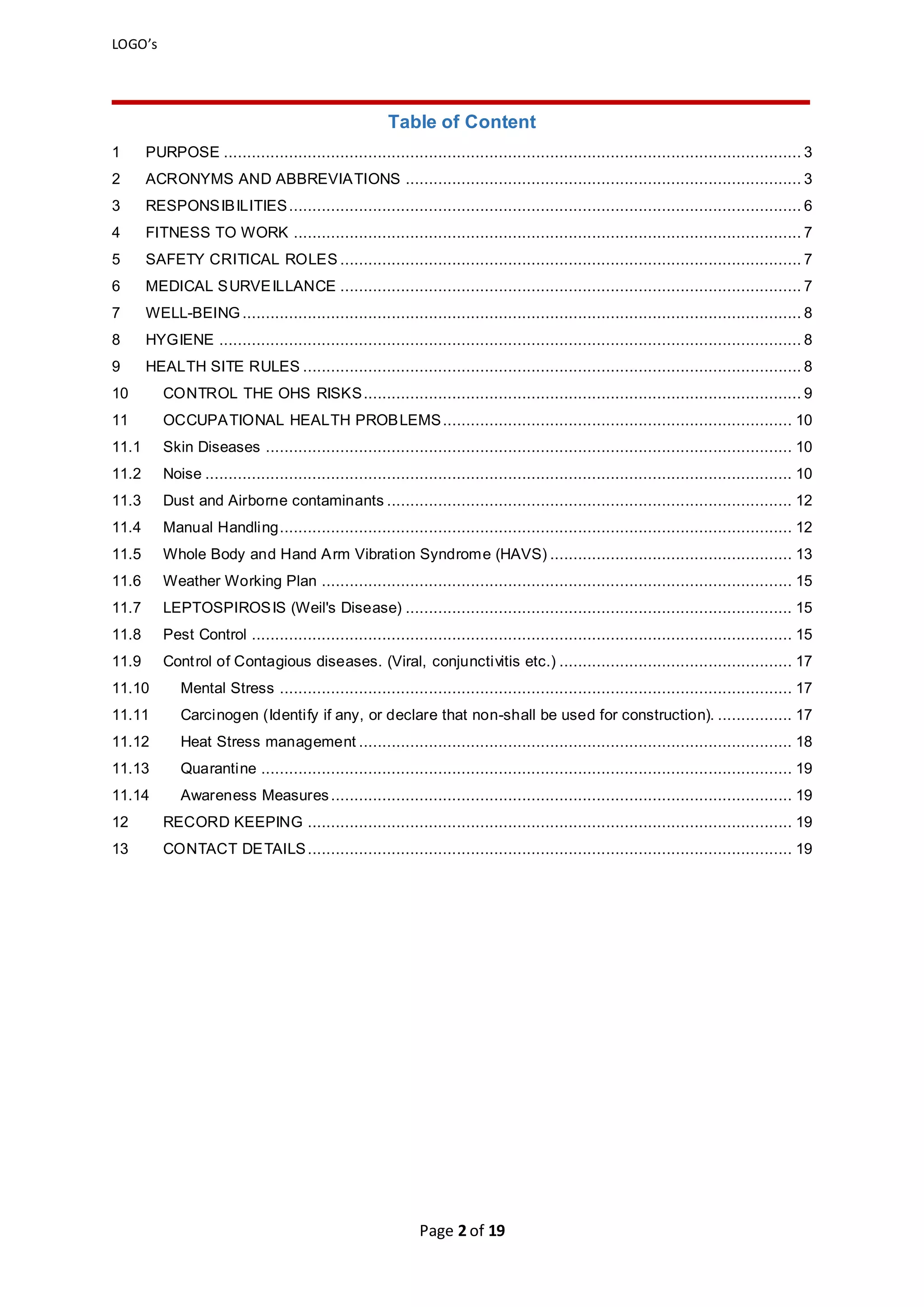 Occupational health plan | DOCX
