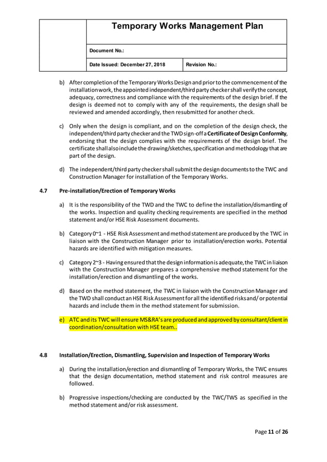 HSE Temporary works management plan | DOCX | Civil Engineering Industry ...