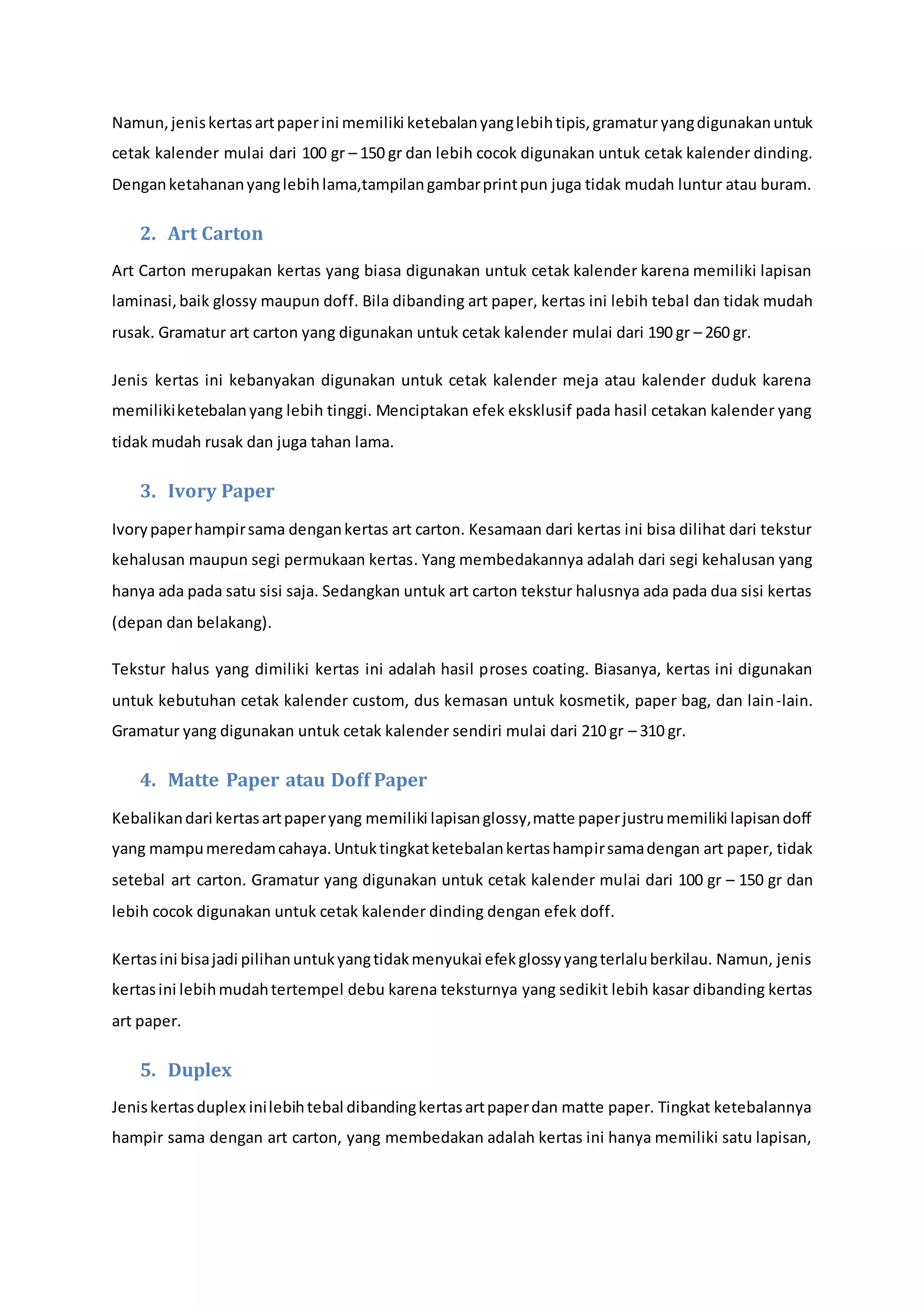 Mengenal Jenis-Jenis Kertas Untuk Cetak Kalender Perusahaan | DOCX
