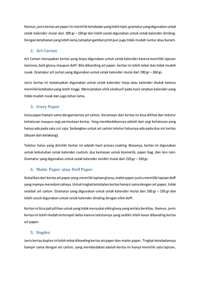 Mengenal Jenis-Jenis Kertas Untuk Cetak Kalender Perusahaan | DOCX