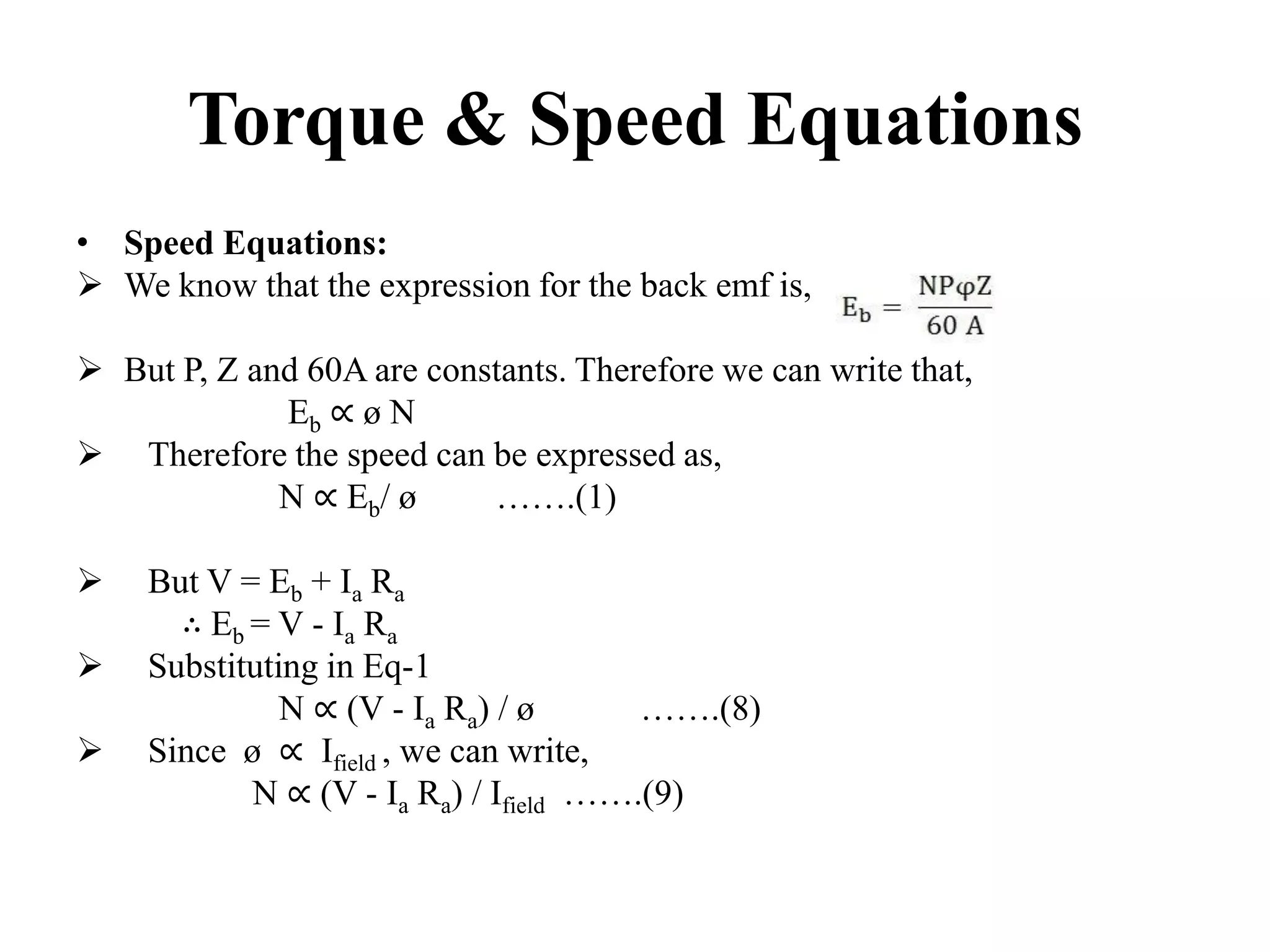 DC motors characteristics, Torque & Speed Equations, Torque -Armature current/ Speed - Armature ...