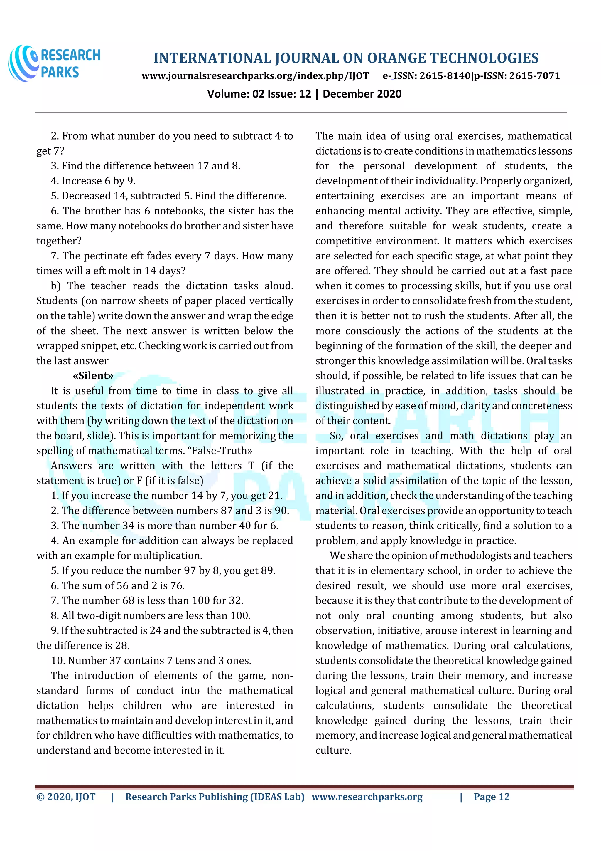 The mathematical dictation role in teaching mathematics in primary ...