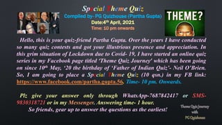 WEEKLY THEME QUIZ JOURNEY- APRIL MONTH'S SPECIAL- QUESTION SET-7.4.2021