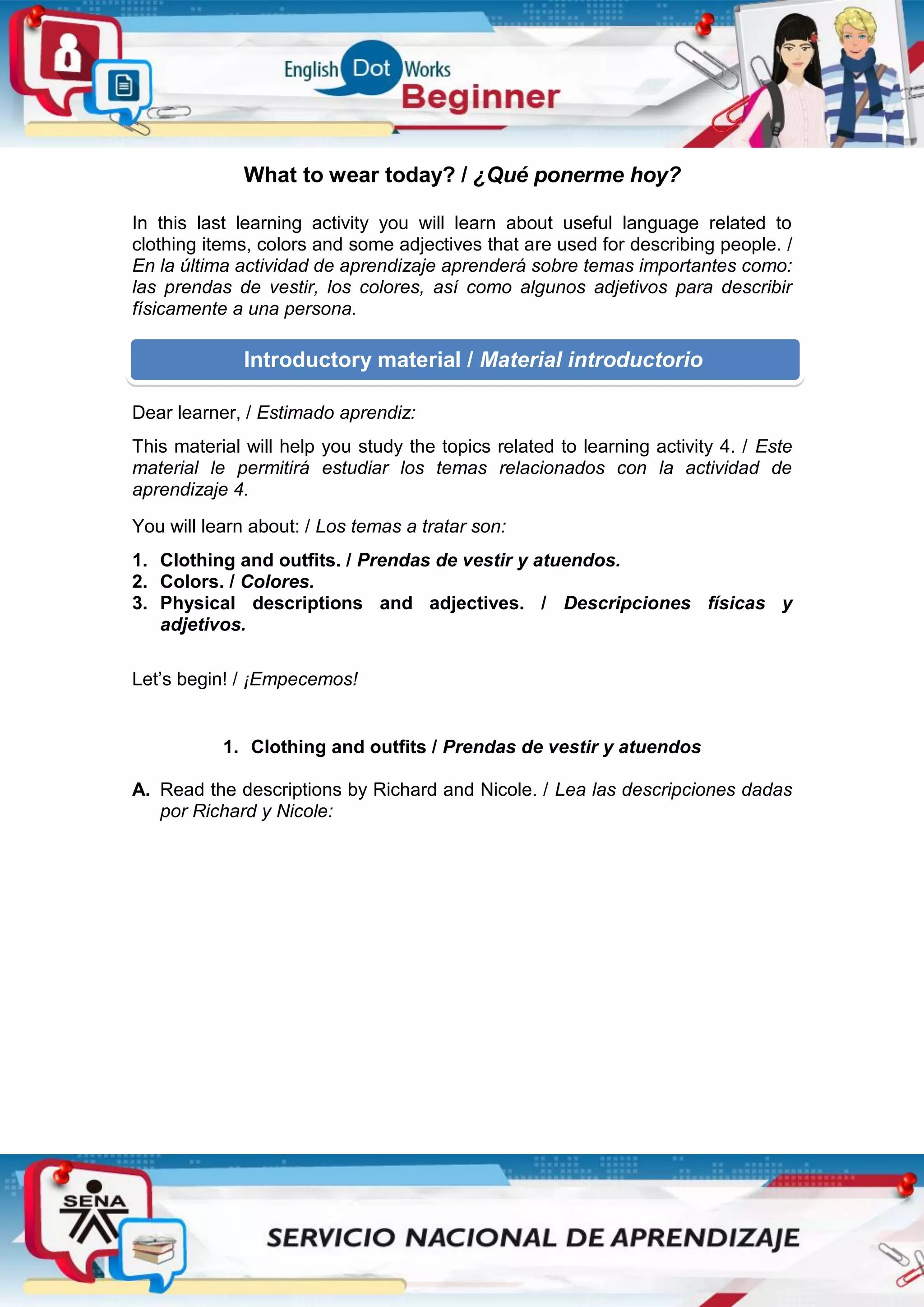 Learn Clothing, Colors and Descriptions | PDF