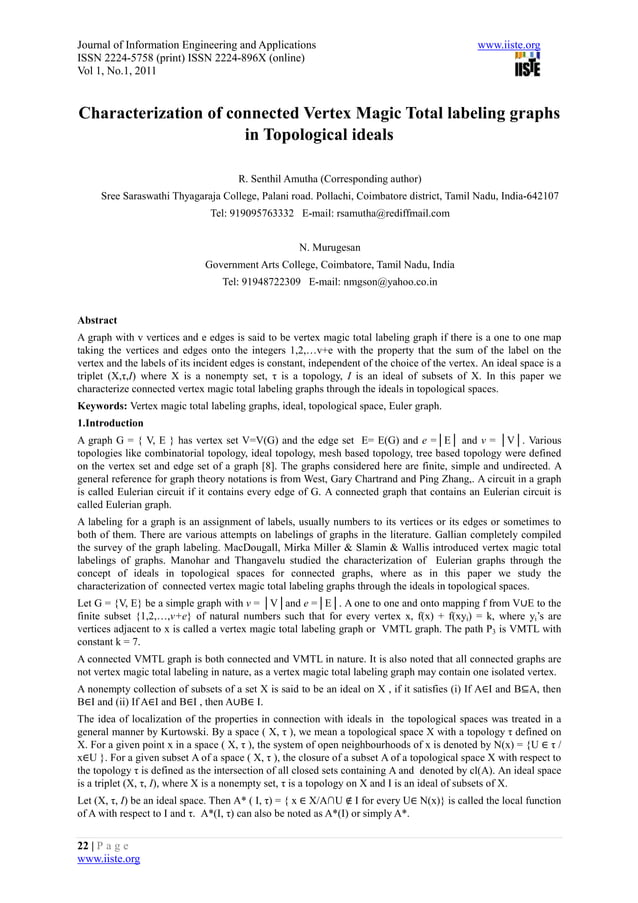 4. [22 25]characterization of connected vertex magic total labeling graphs in topological ideals ...