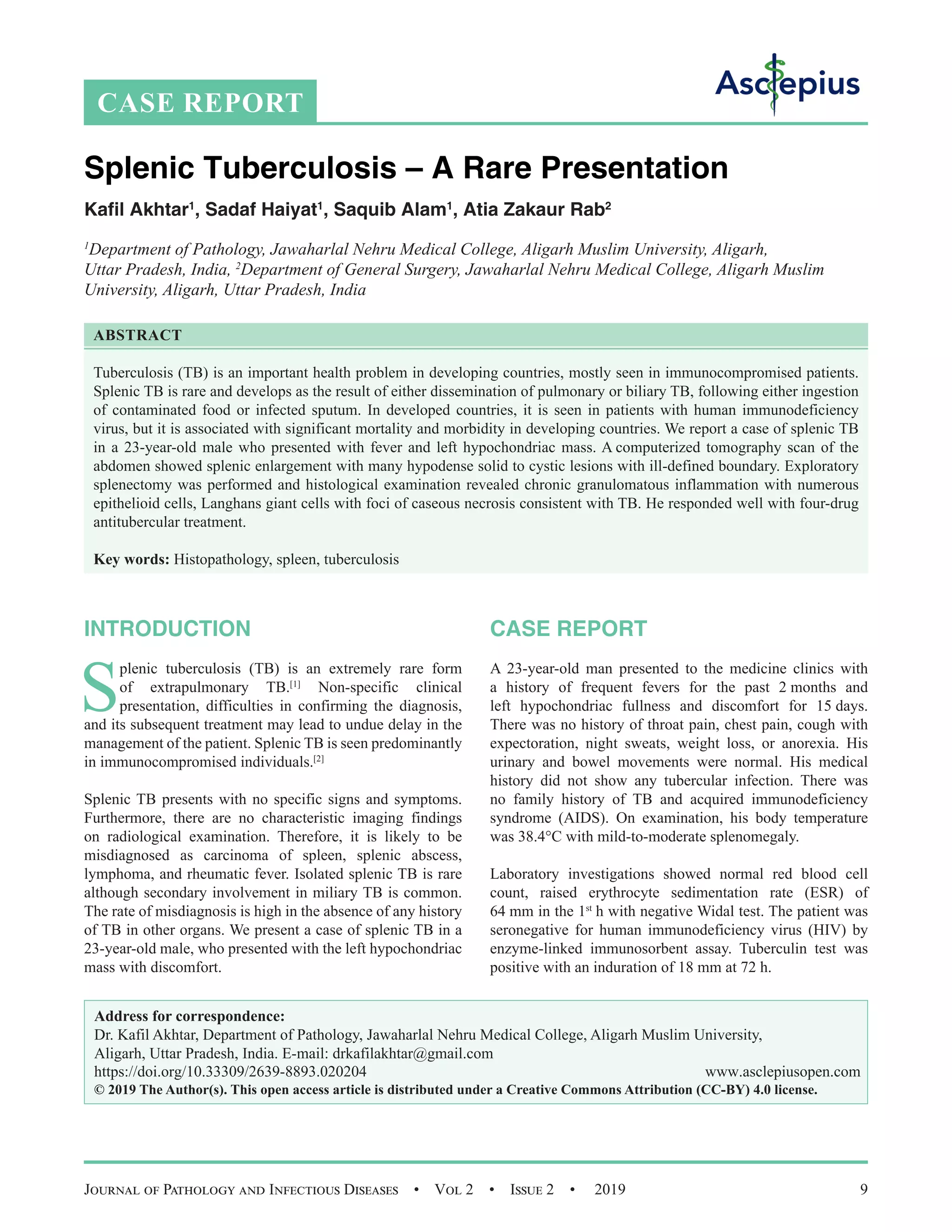 Splenic Tuberculosis – A Rare Presentation | PDF