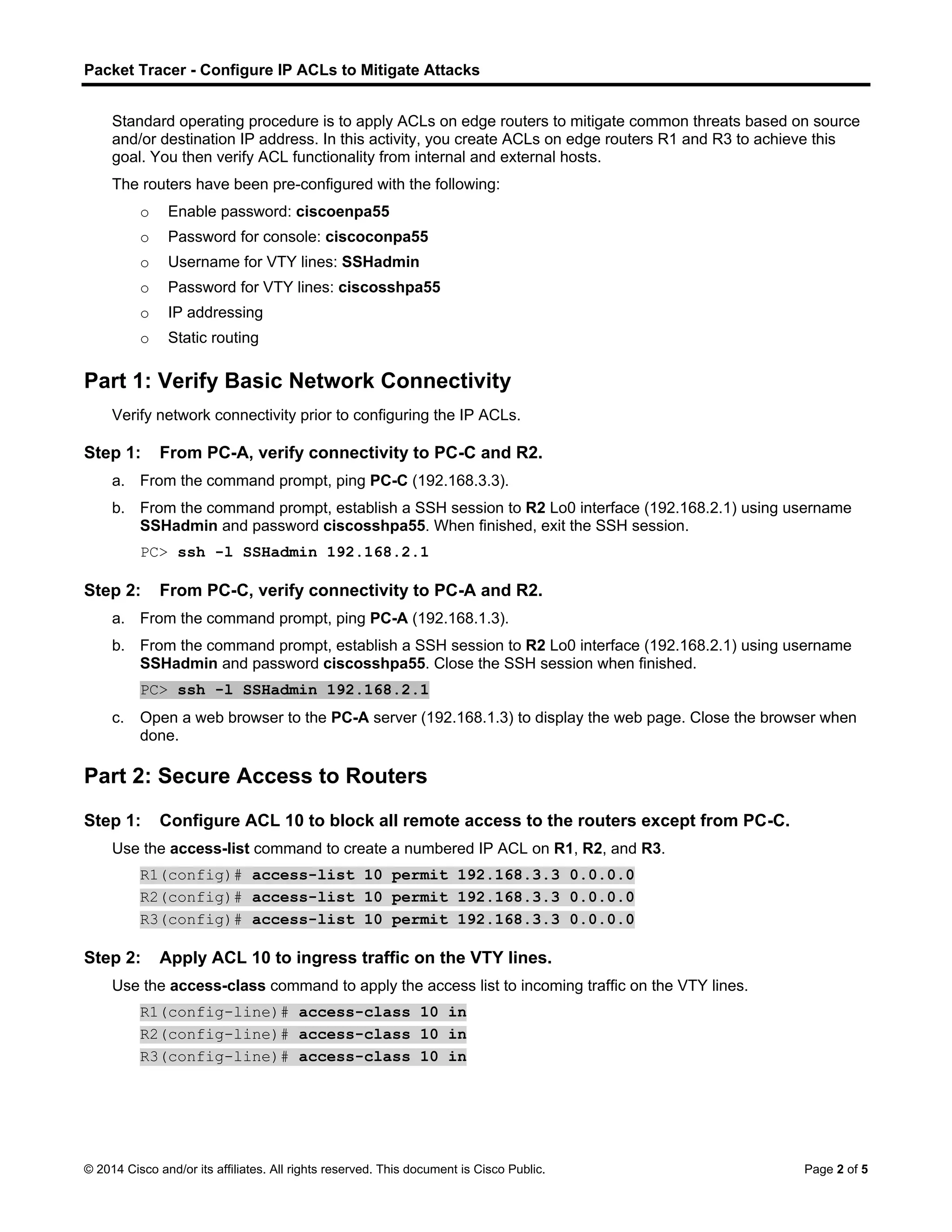 4412 Packet Tracer Configure Ip Ac Ls To Mitigate Attacks Instructor