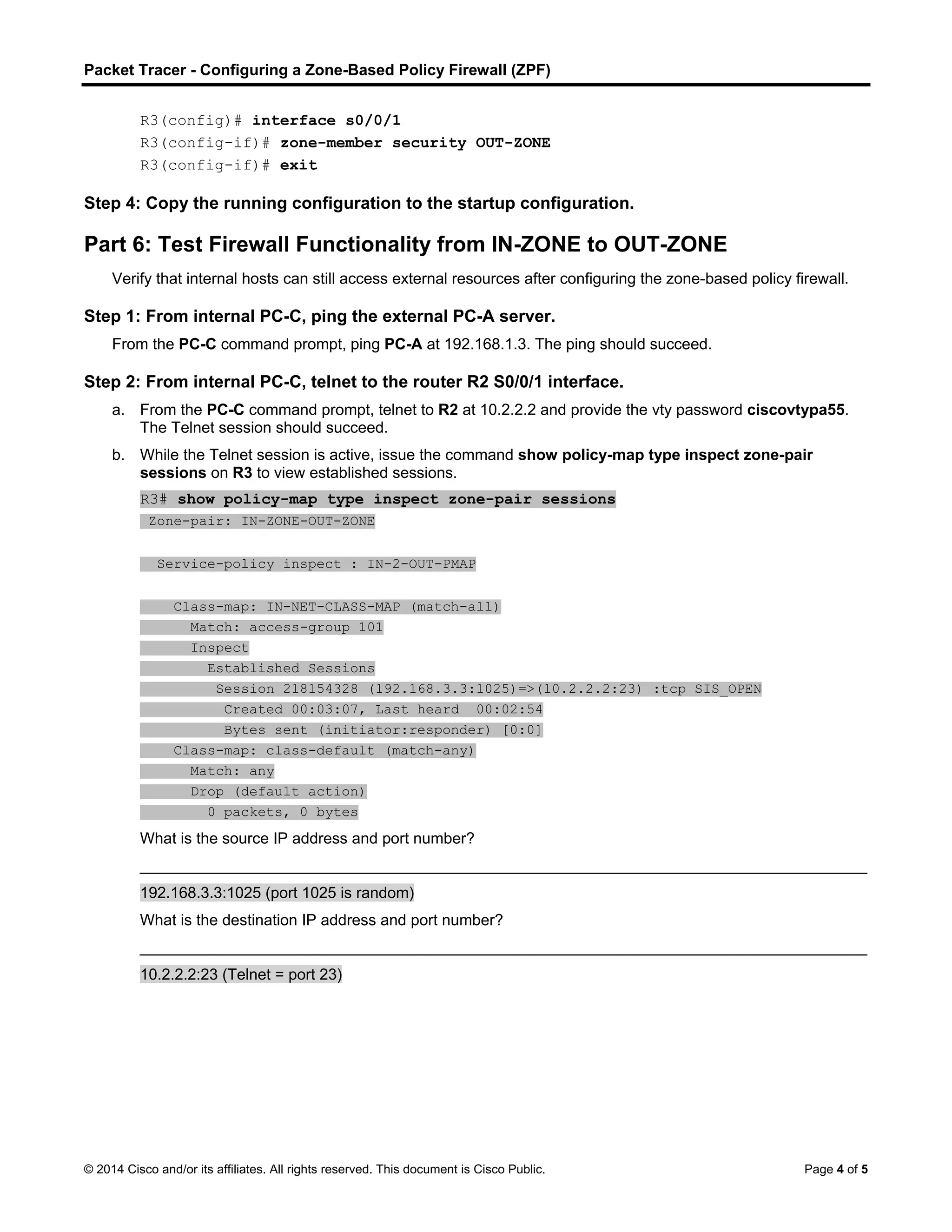 4.4.1.3 packet tracer configuring a zone-based policy firewall (zpf) instructor | PDF