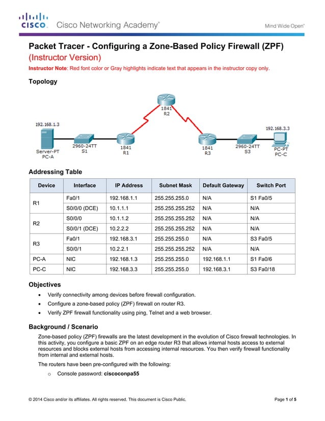 4.4.1.3 packet tracer configuring a zone-based policy firewall (zpf) instructor | PDF | Computer ...