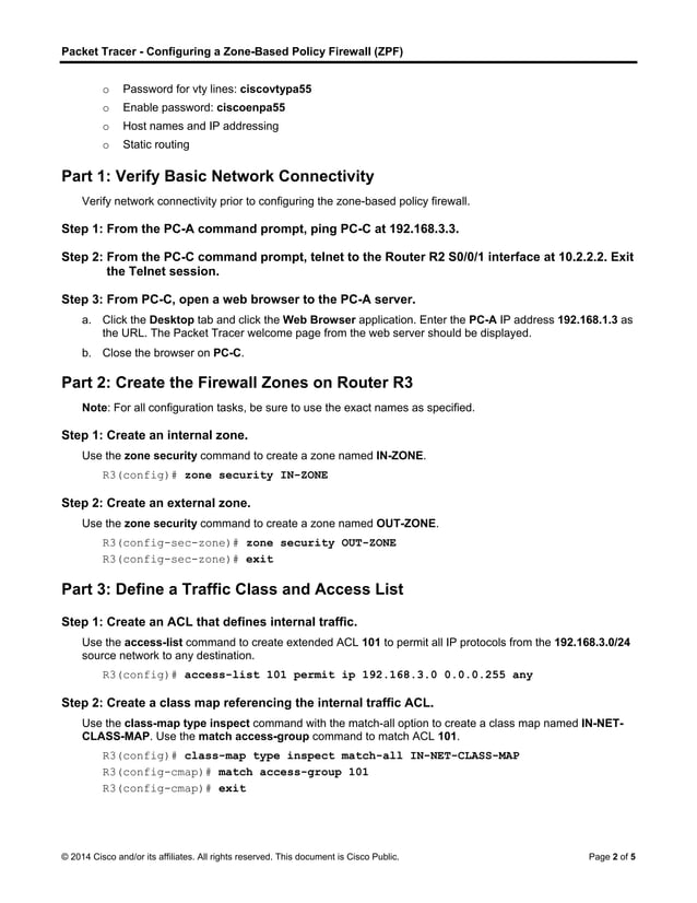 4.4.1.3 packet tracer configuring a zone-based policy firewall (zpf) instructor | PDF | Computer ...