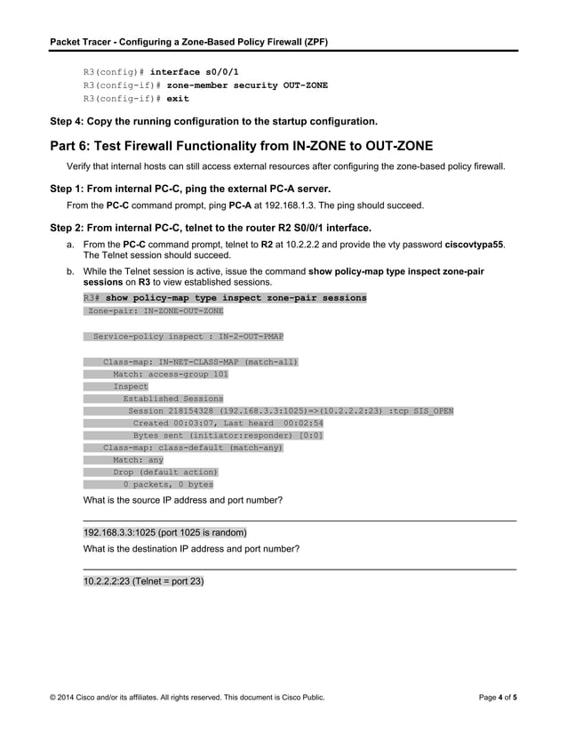 4.4.1.3 packet tracer configuring a zone-based policy firewall (zpf) instructor | PDF | Computer ...