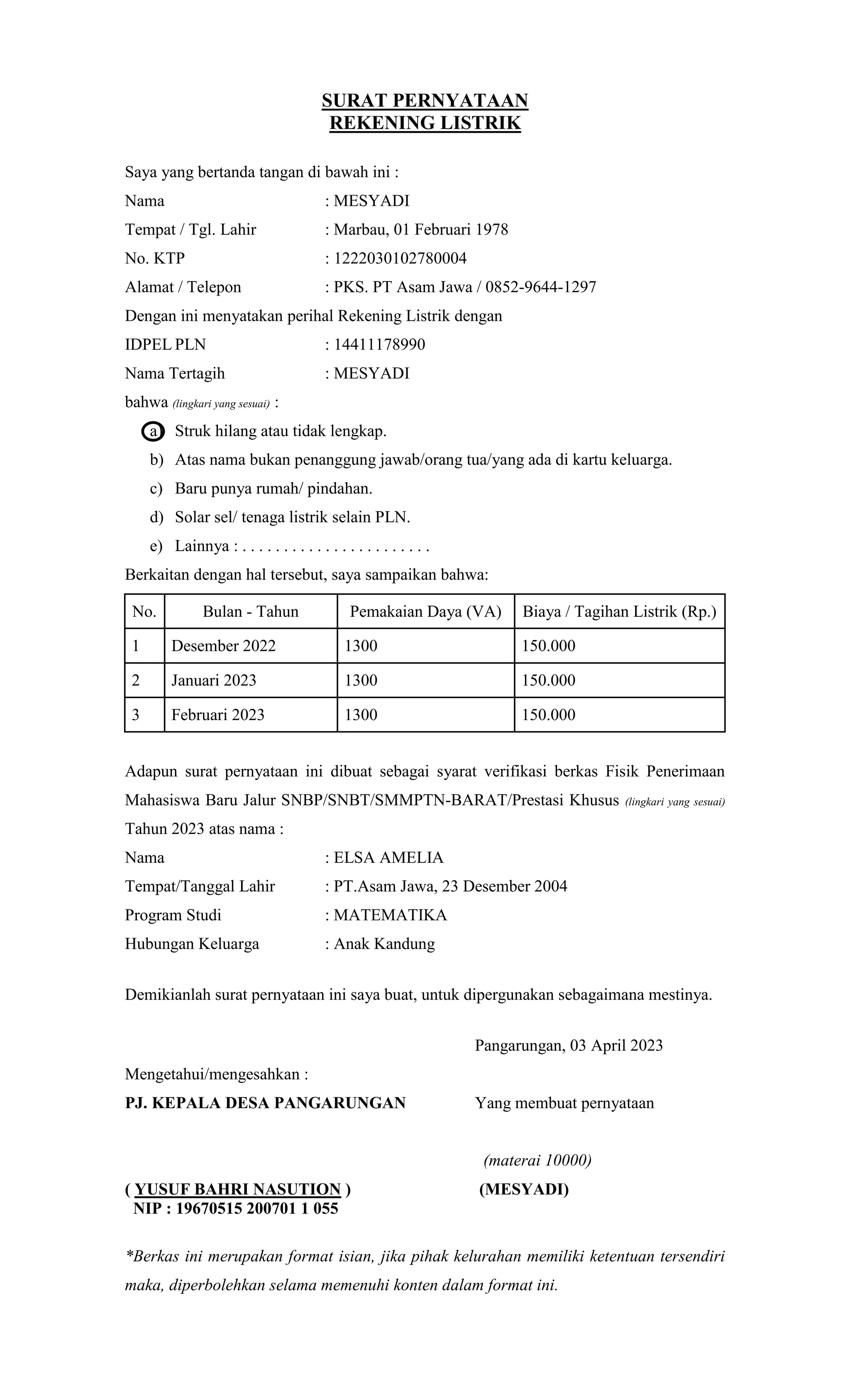 4. Surat Pernyataan Tagihan Listrik (diketahui Keluarahan).docx