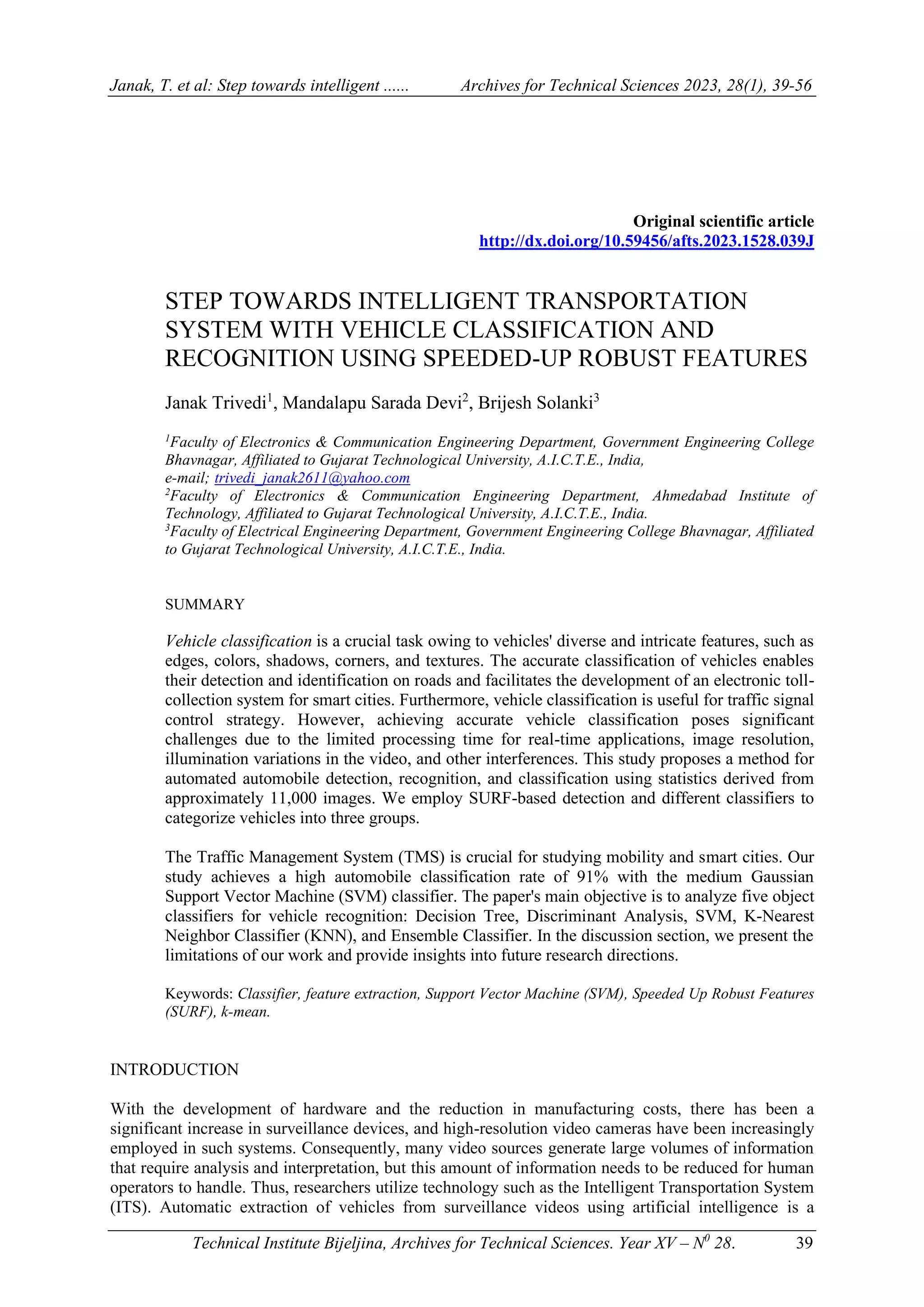 STEP TOWARDS INTELLIGENT TRANSPORTATION SYSTEM WITH VEHICLE CLASSIFICATION AND RECOGNITION USING ...