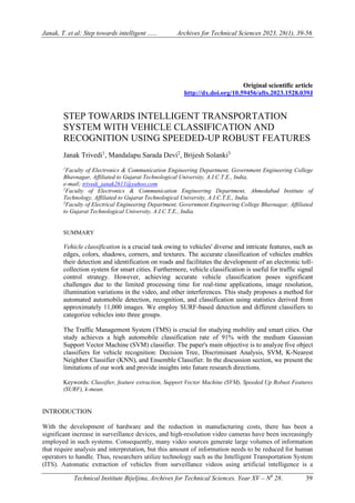 STEP TOWARDS INTELLIGENT TRANSPORTATION SYSTEM WITH VEHICLE CLASSIFICATION AND RECOGNITION USING ...